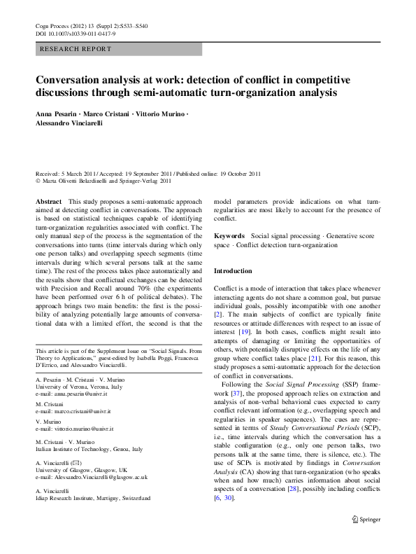 (PDF) Conversation analysis at work: detection of conflict in ...