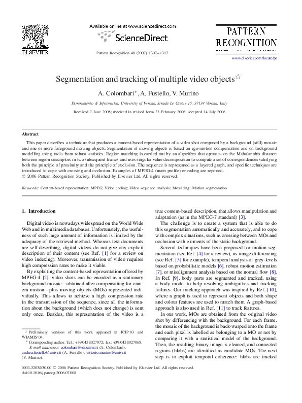 (PDF) Segmentation and tracking of multiple video objects | Vittorio Murino - Academia.edu