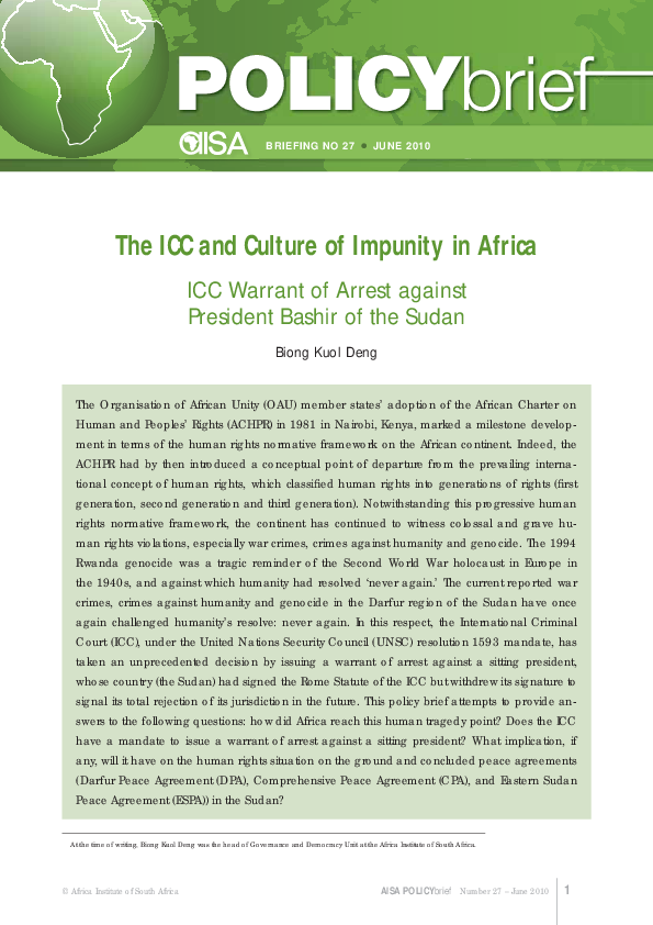 (PDF) The ICC and Culture of Impunity in Africa ICC Warrant of Arrest ...