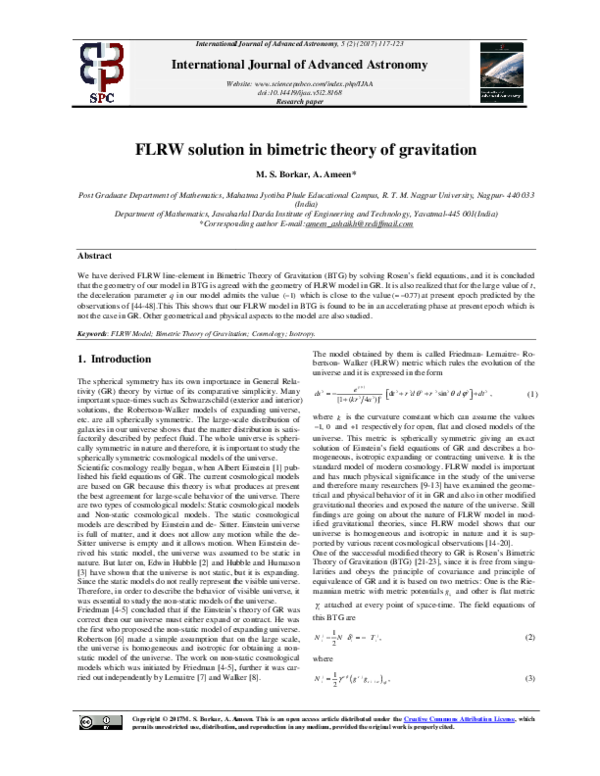 (PDF) FLRW solution in bimetric theory of gravitation