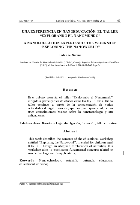 (PDF) A Nanoeducation Experience: The Workshop "Exploring the Nanoworld