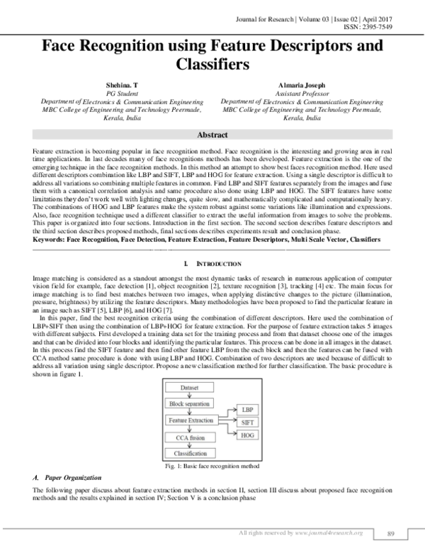 Pdf Face Recognition Using Feature Descriptors And Classifiers