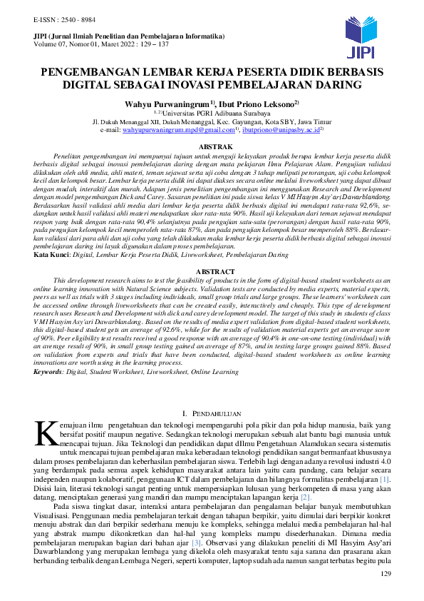 (PDF) Pengembangan Lembar Kerja Peserta Didik Berbasis Digital Sebagai Inovasi Pembelajaran Daring