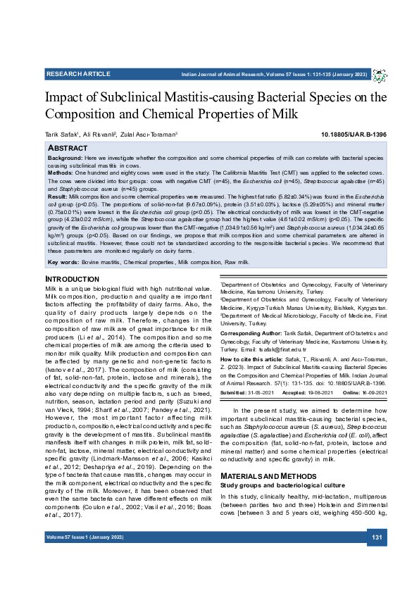 (PDF) Impact of Subclinical Mastitis-causing Bacterial Species on the ...