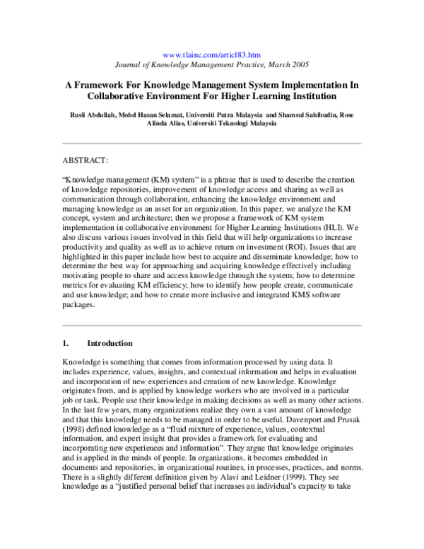 (PDF) A framework for knowledge management system implementation in collaborative environment ...