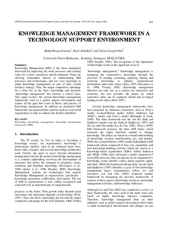 (PDF) Knowledge management framework in a technology support environment