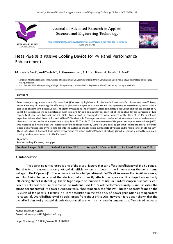 (PDF) Heat Pipe as a Passive Cooling Device for PV Panel Performance Enhancement