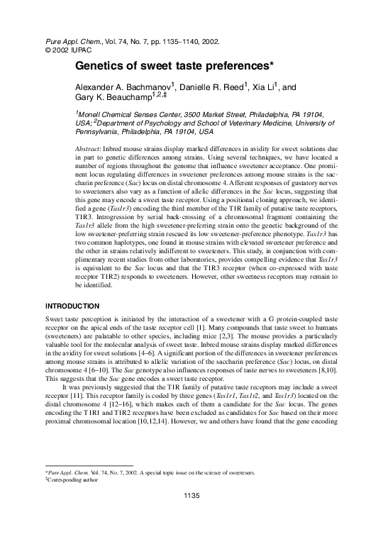 (PDF) Genetics of sweet taste preferences
