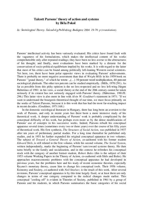 (PDF) Talcott Parsons' theory of action and systems