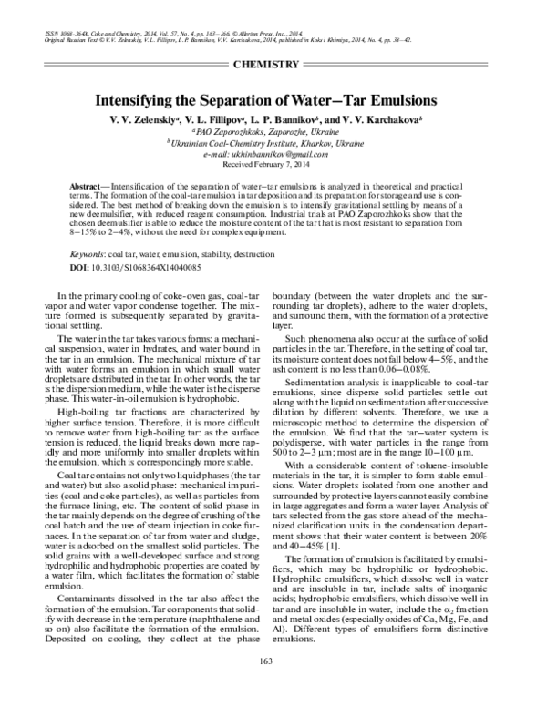 (PDF) Intensifying the separation of water-tar emulsions