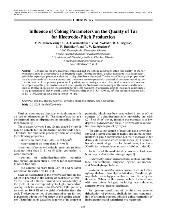 (PDF) Influence of coking parameters on the quality of tar for ...