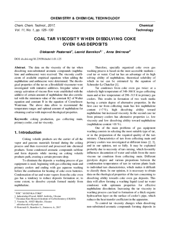 (PDF) Coal Tar Viscosity when Dissolving Coke Oven Gas Deposits