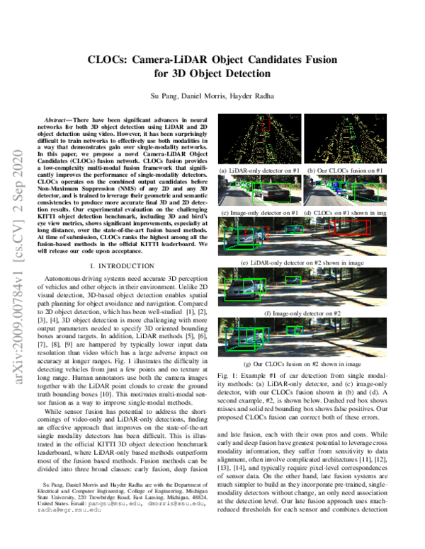 (PDF) CLOCs: Camera-LiDAR Object Candidates Fusion for 3D Object Detection