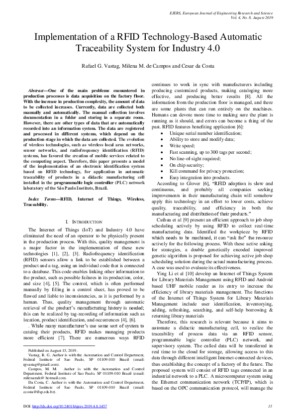 (PDF) Implementation of a RFID Technology-Based Automatic Traceability System for Industry 4.0