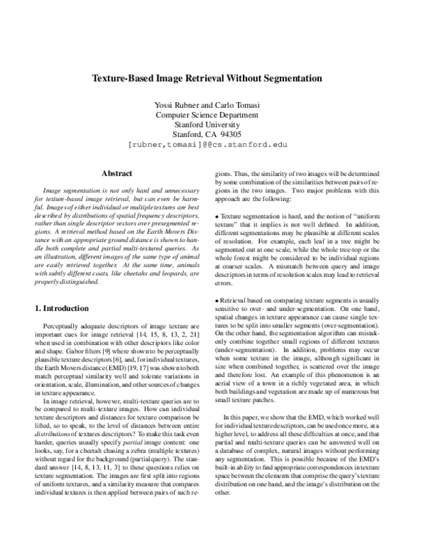 Pdf Texture Based Image Retrieval Without Segmentation Yossi Rubner