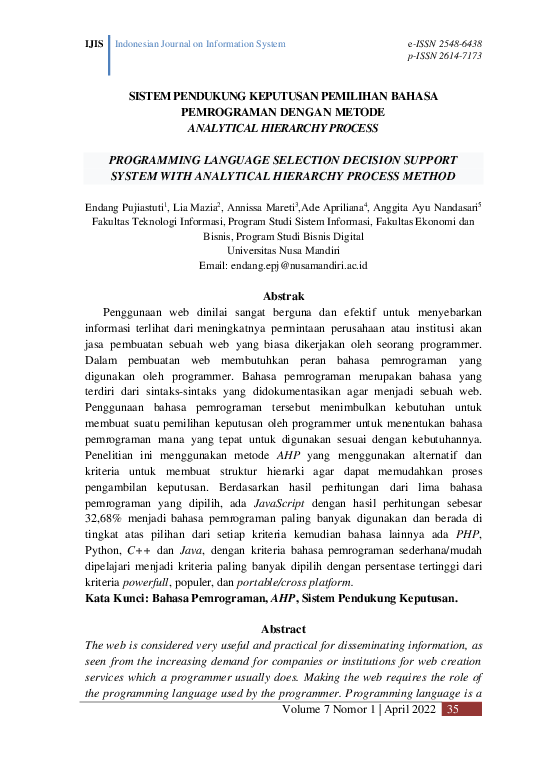 (PDF) Sistem Pendukung Keputusan Pemilihan Bahasa Pemrograman Dengan Metode Analytical Hierarchy ...