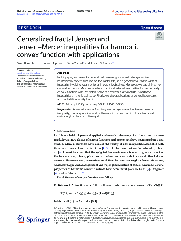 (PDF) Generalized fractal Jensen and Jensen–Mercer inequalities for harmonic convex function ...
