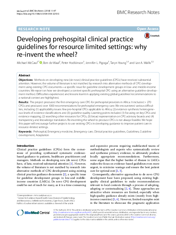 (PDF) Developing prehospital clinical practice guidelines for resource limited settings: why re ...