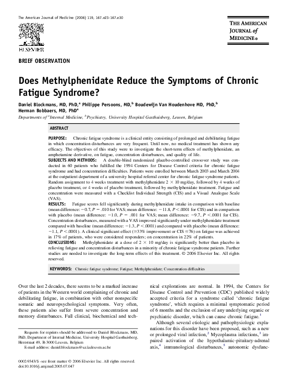 (PDF) Does Methylphenidate Reduce the Symptoms of Chronic Fatigue Syndrome?