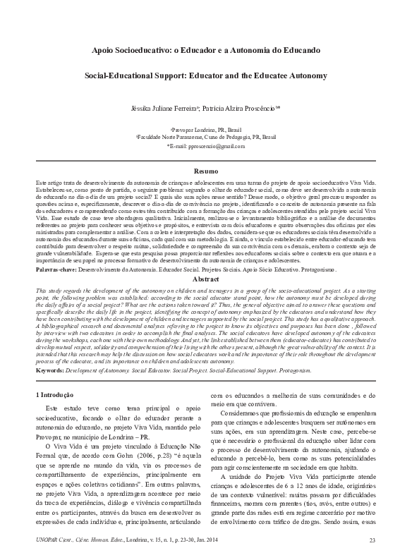 (PDF) Apoio Socioeducativo: o Educador e a Autonomia do Educando Social ...