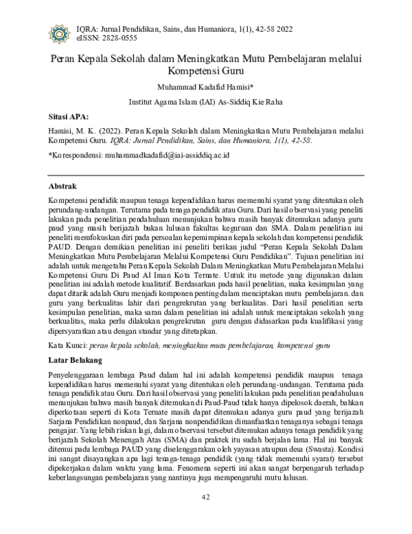 (PDF) Peran Kepala Sekolah dalam Meningkatkan Mutu Pembelajaran melalui Kompetensi Guru