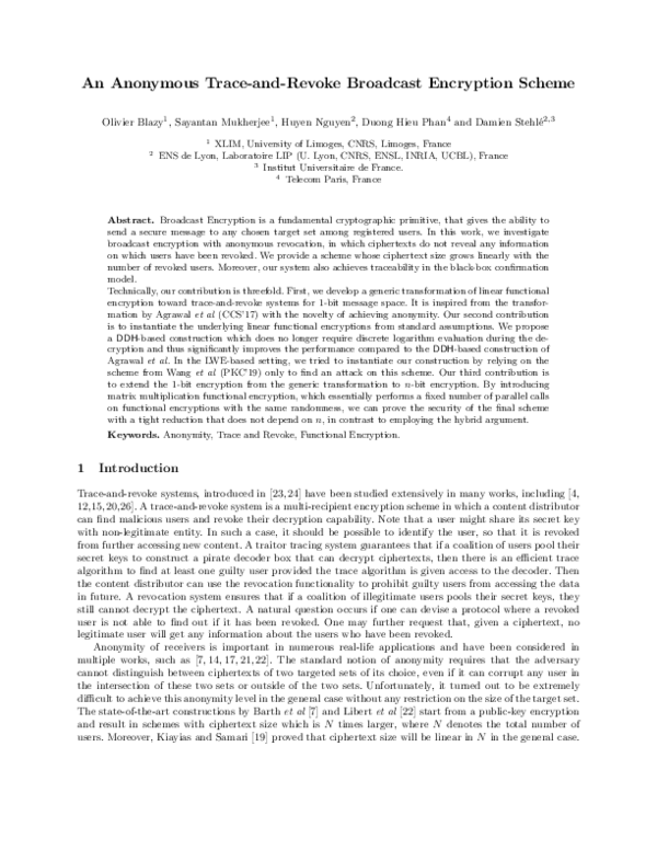 (PDF) An Anonymous Trace-and-Revoke Broadcast Encryption Scheme