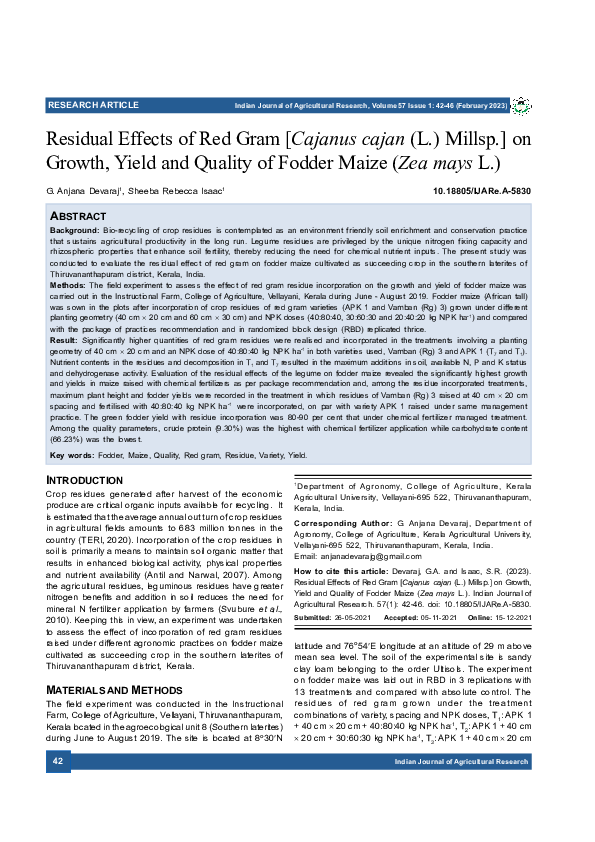 (PDF) Residual Effects of Red Gram [Cajanus cajan (L.) Millsp.] on ...