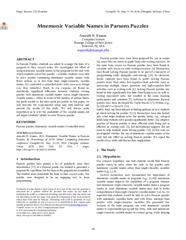 (PDF) Mnemonic Variable Names in Parsons Puzzles