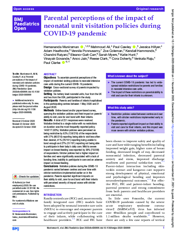 (PDF) Parental perceptions of the impact of neonatal unit visitation ...