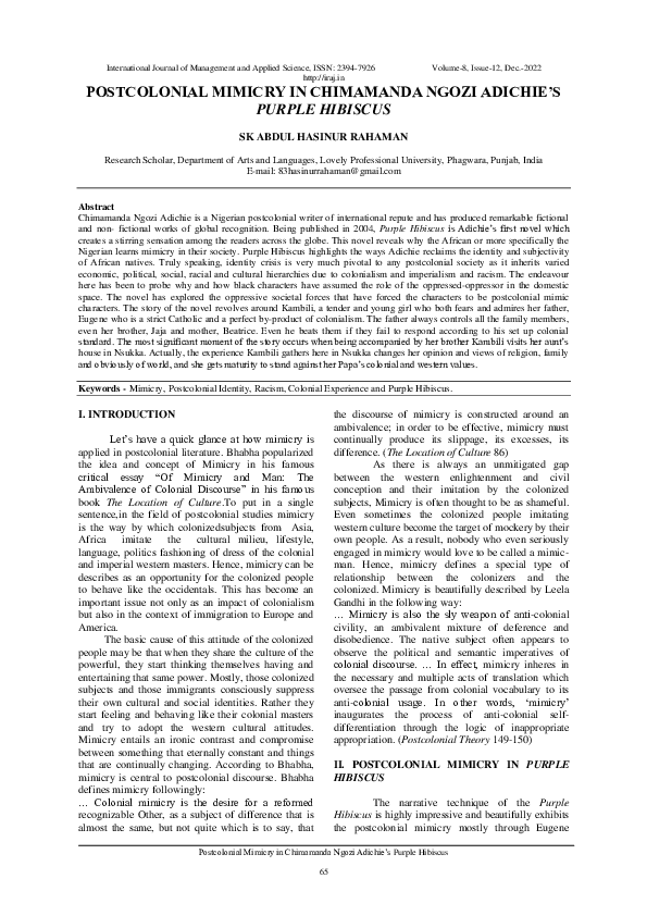 (PDF) POSTCOLONIAL MIMICRY IN CHIMAMANDA NGOZI ADICHIE'S PURPLE HIBISCUS