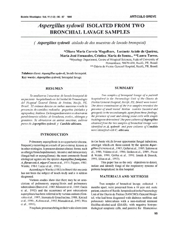 (PDF) Aspergillus sydowii ISOLATED FROM TWO BRONCHIAL LAVAGE SAMPLES ...