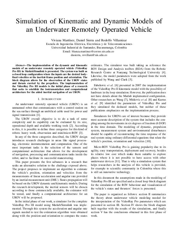 (PDF) Simulation of Kinematic and Dynamic Models of an Underwater Remotely Operated Vehicle
