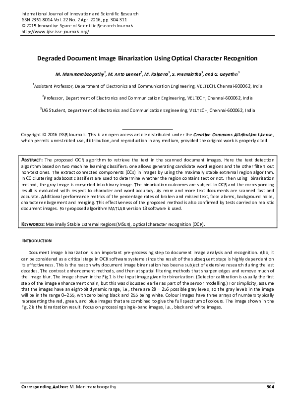 (PDF) Degraded Document Image Binarization Using Optical Character Recognition