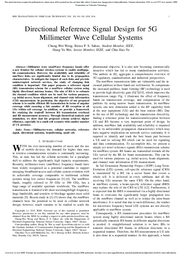 (PDF) Directional Reference Signal Design for 5G Millimeter Wave Cellular Systems