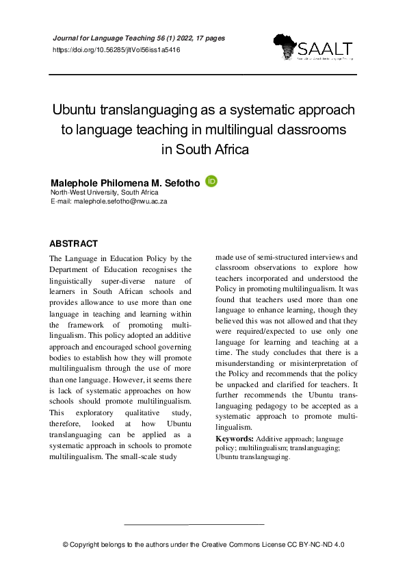 (PDF) Ubuntu translanguaging as a systematic approach to language ...