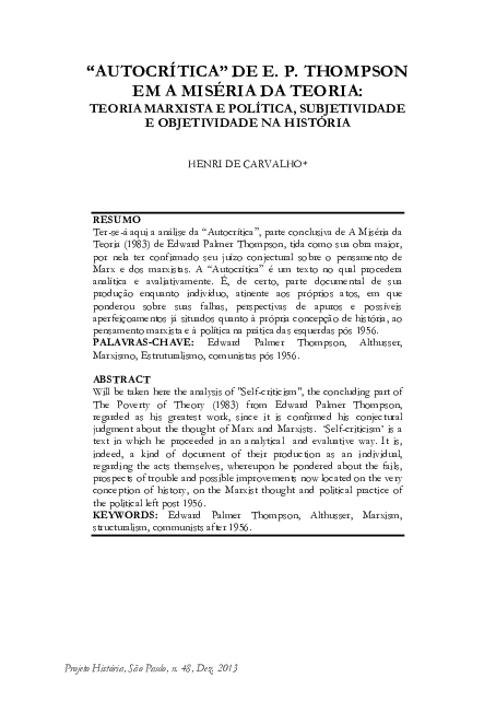 (PDF) “Autocrítica” De E. P. Thompson Em a Miséria Da Teoria: Teoria Marxista e Política ...