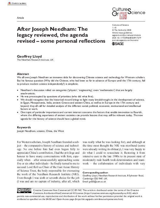 (PDF) After Joseph Needham: The legacy reviewed, the agenda revised – some personal reflections