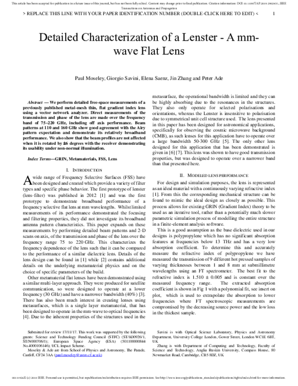 (PDF) Detailed Characterization of a Lenster -A mm-wave Flat Lens ...