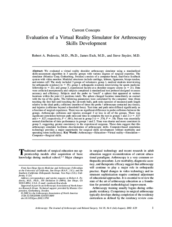 (PDF) Evaluation of a virtual reality simulator for arthroscopy skills ...