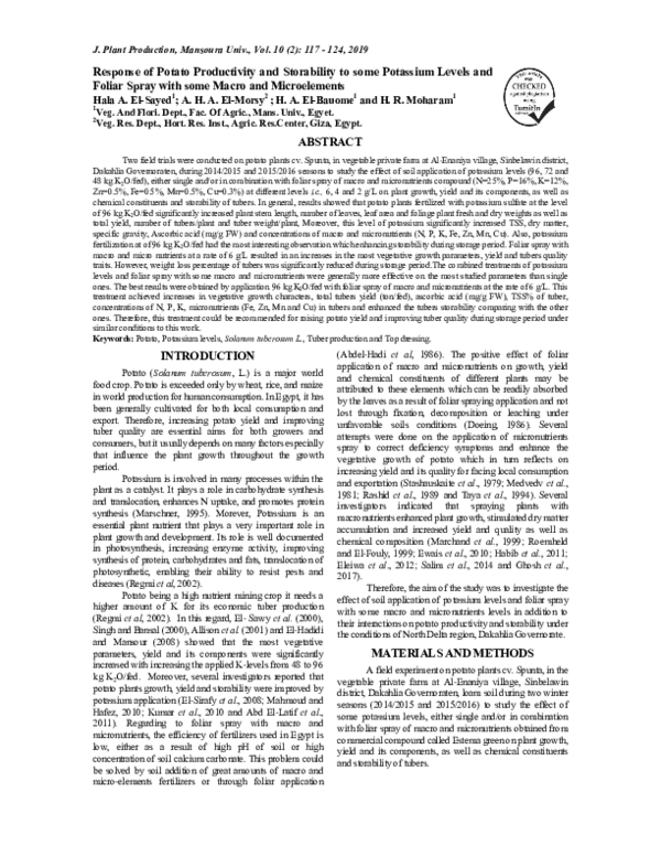 (PDF) Response of Potato Productivity and Storability to some Potassium ...
