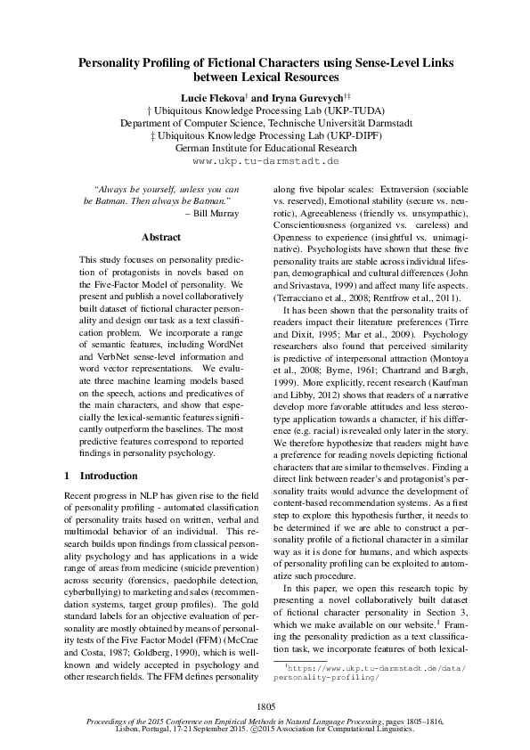 (PDF) Personality Profiling of Fictional Characters using Sense-Level ...