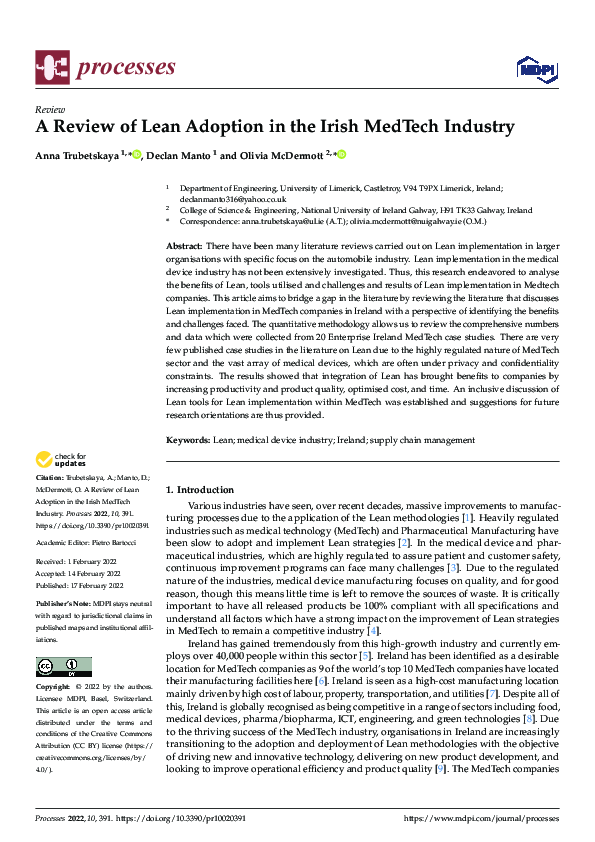 (PDF) A Review of Lean Adoption in the Irish MedTech Industry