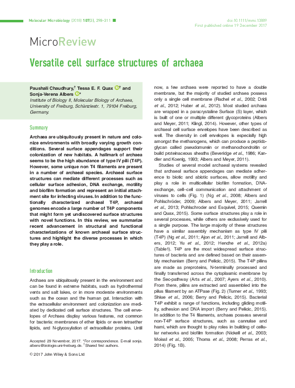 (PDF) Versatile cell surface structures of archaea