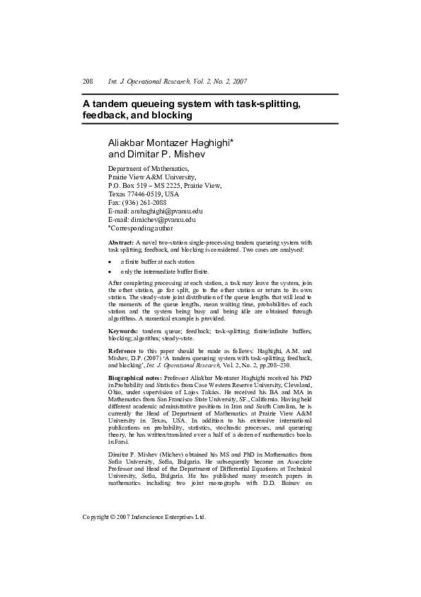 (PDF) A tandem queueing system with task-splitting, feedback, and blocking