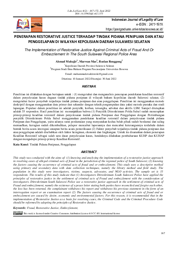 (PDF) Penerapan Restorative Justice Terhadap Tindak Pidana Penipuan Dan Atau Penggelapan DI ...
