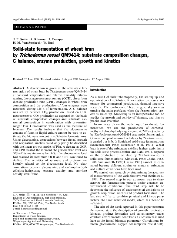 Pdf Solid State Fermentation Of Wheat Bran By Trichoderma Reesei Qm9414 Substrate Composition