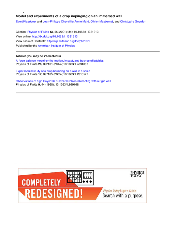(PDF) Model and experiments of a drop impinging on an immersed wall