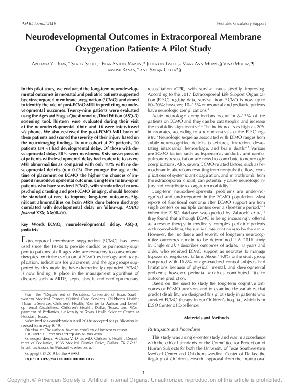 (PDF) Neurodevelopmental Outcomes in Extracorporeal Membrane Oxygenation Patients: A Pilot Study