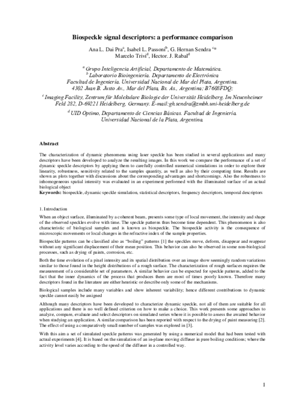 (PDF) Biospeckle signal descriptors: a performance comparison
