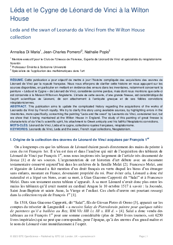 (PDF) Léda et le Cygne de Léonard de Vinci à la Wilton House Leda and ...